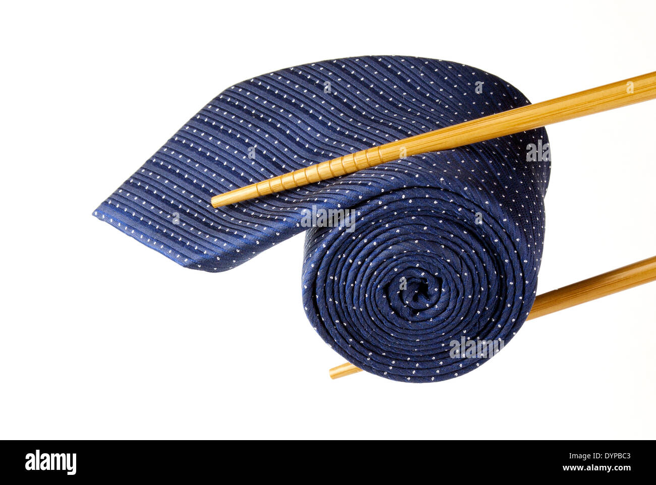Blue male tie roll as sushi with chopsticks isolated on white ...