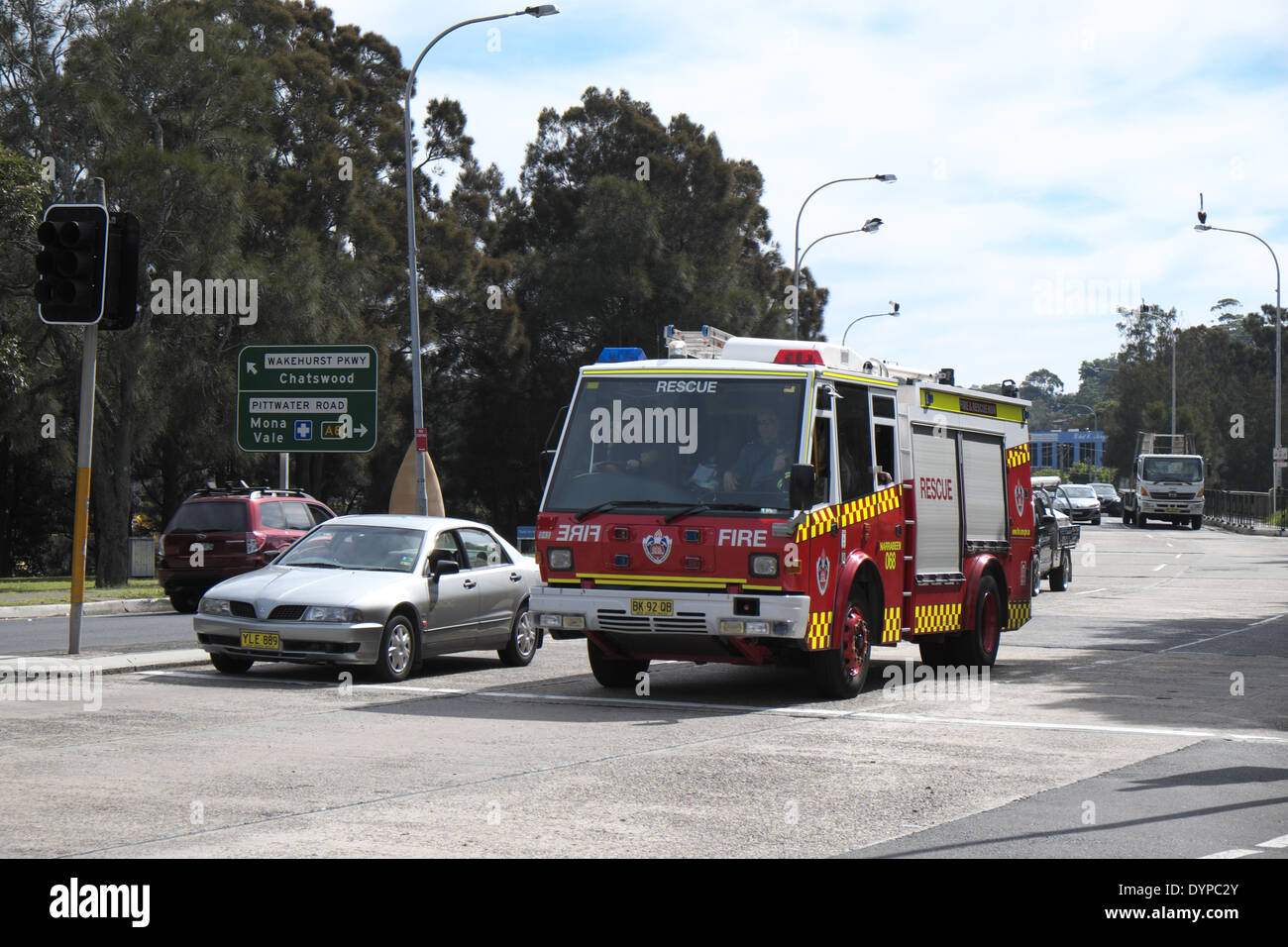 NSW fire truck engine on pittwater road, Narrabeen, Sydney, Australia ...