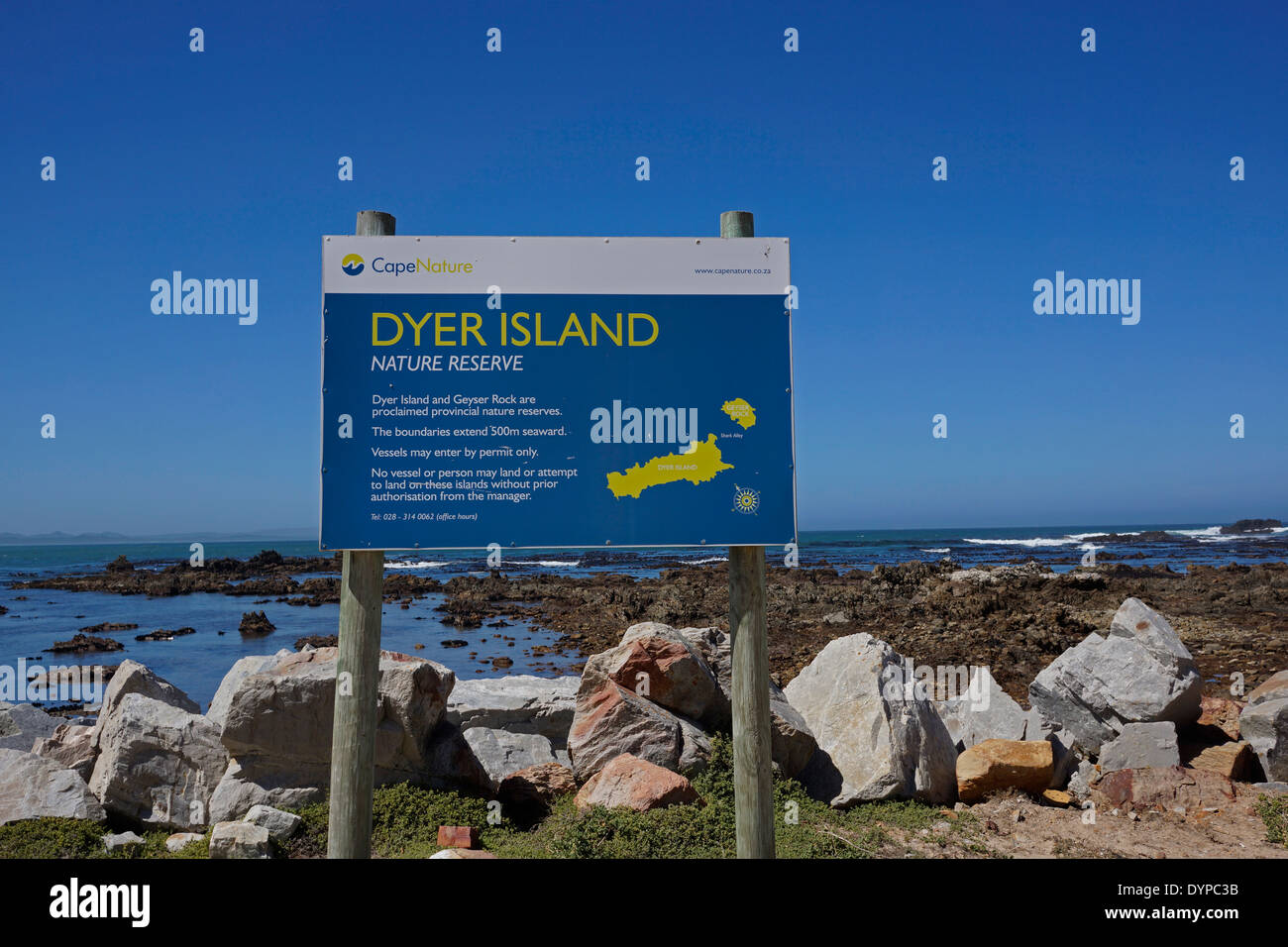 Information board at Kleinbaai harbour in Gansbaai on Dyer Island Stock ...