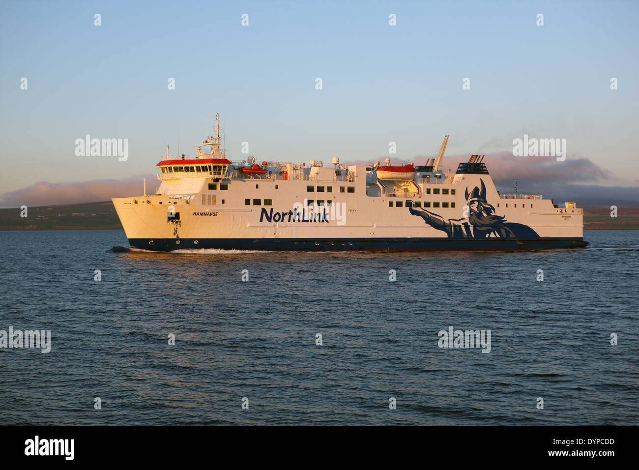 Evening sunlight on MV Hamnavoe from the NorthLink fleet of ferries ...