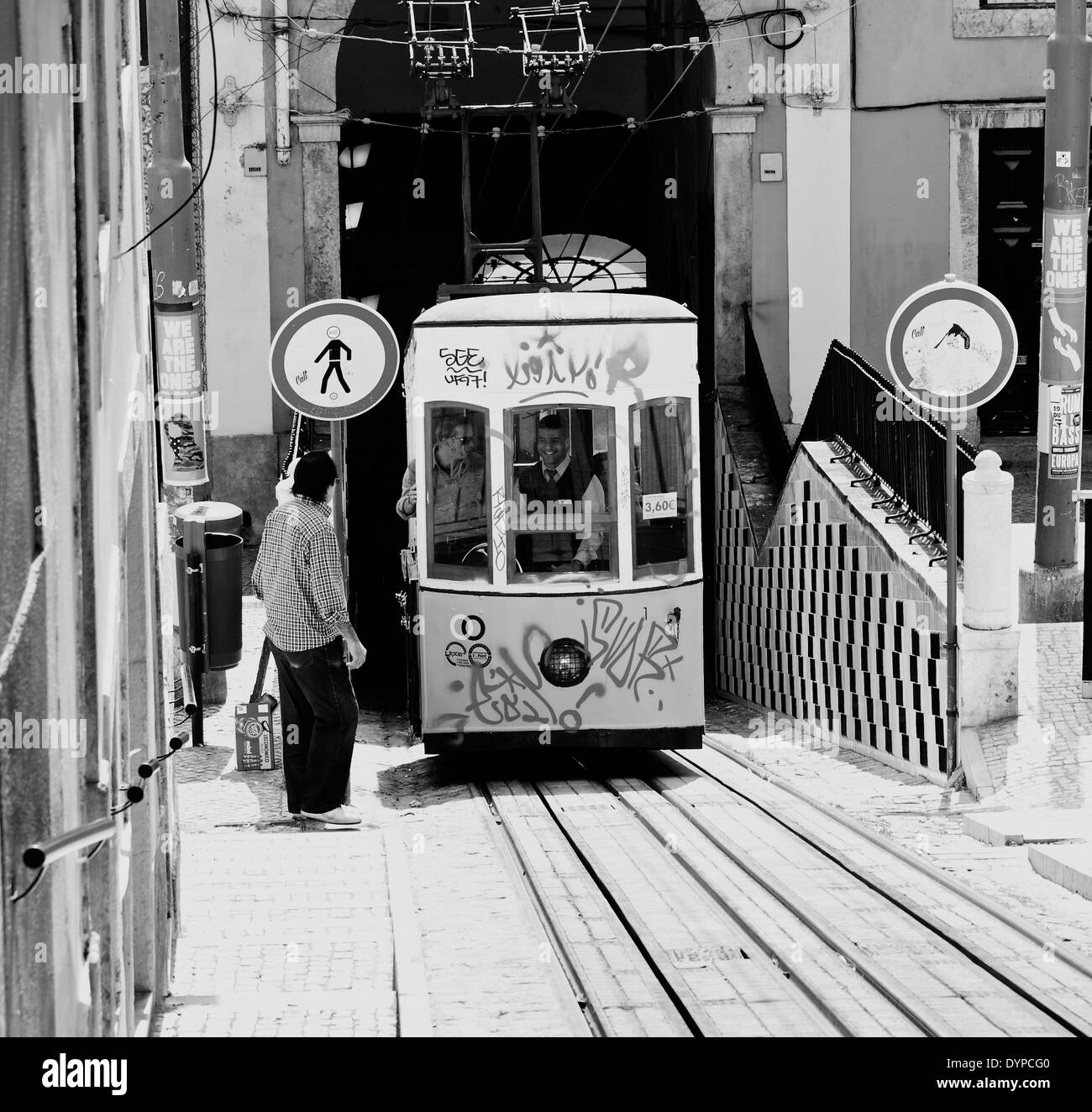 Elevador da Bica funicular beginning its steep climb through the ...
