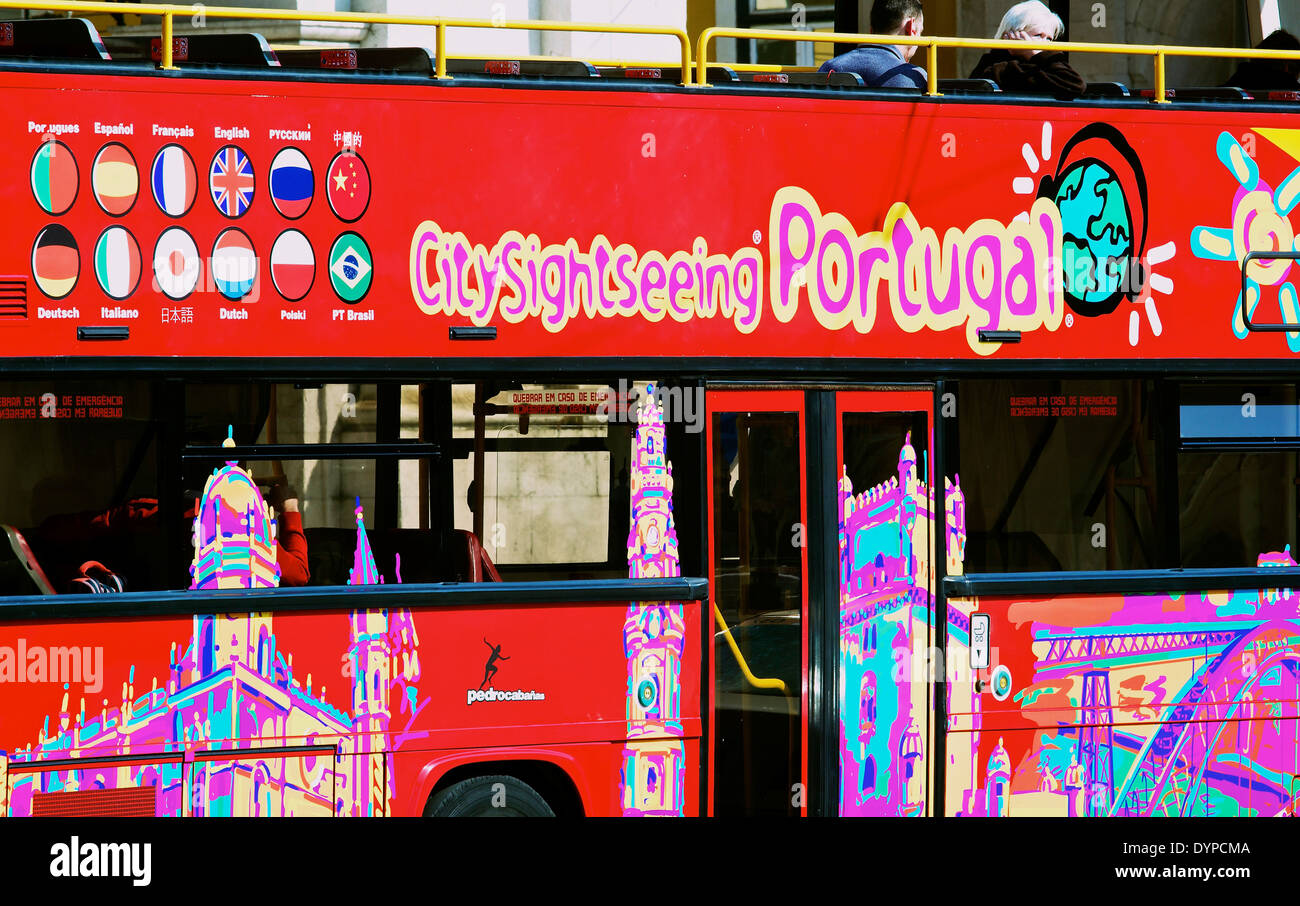 City sightseeing open top red double decker tourist bus in Lisbon Portugal western Europe Stock ...
