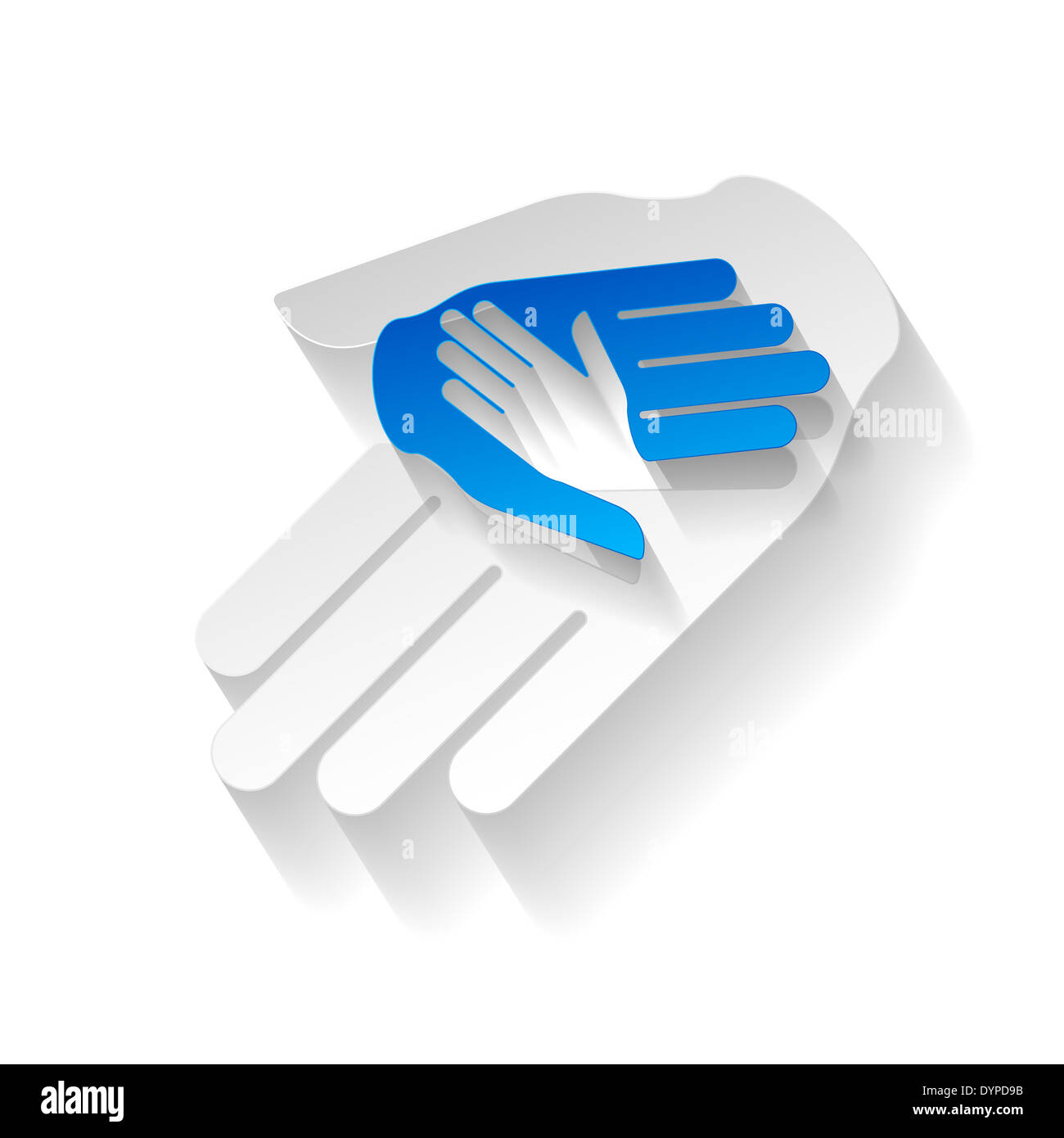 Composition of three hands in paper style as symbol of help and ...