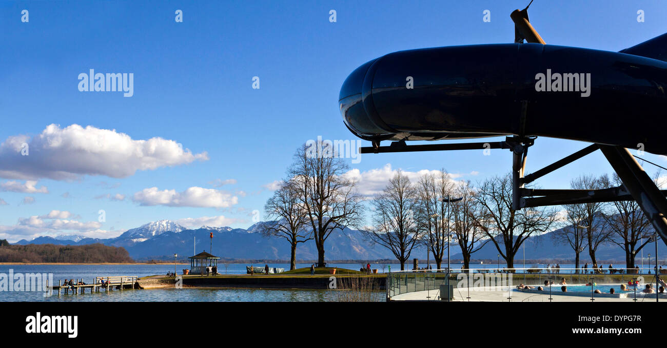The Peninsula seen from Prienavera outdoor swimming pool, Prien-Stock ...