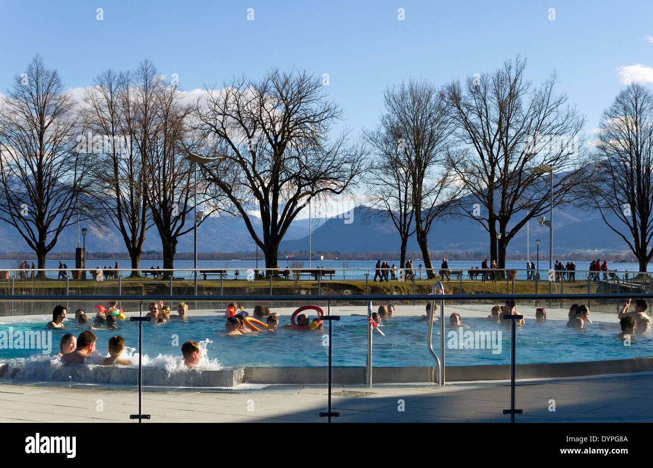 Prienavera outdoor swimming pool with the Peninsula behind, Prien-Stock ...