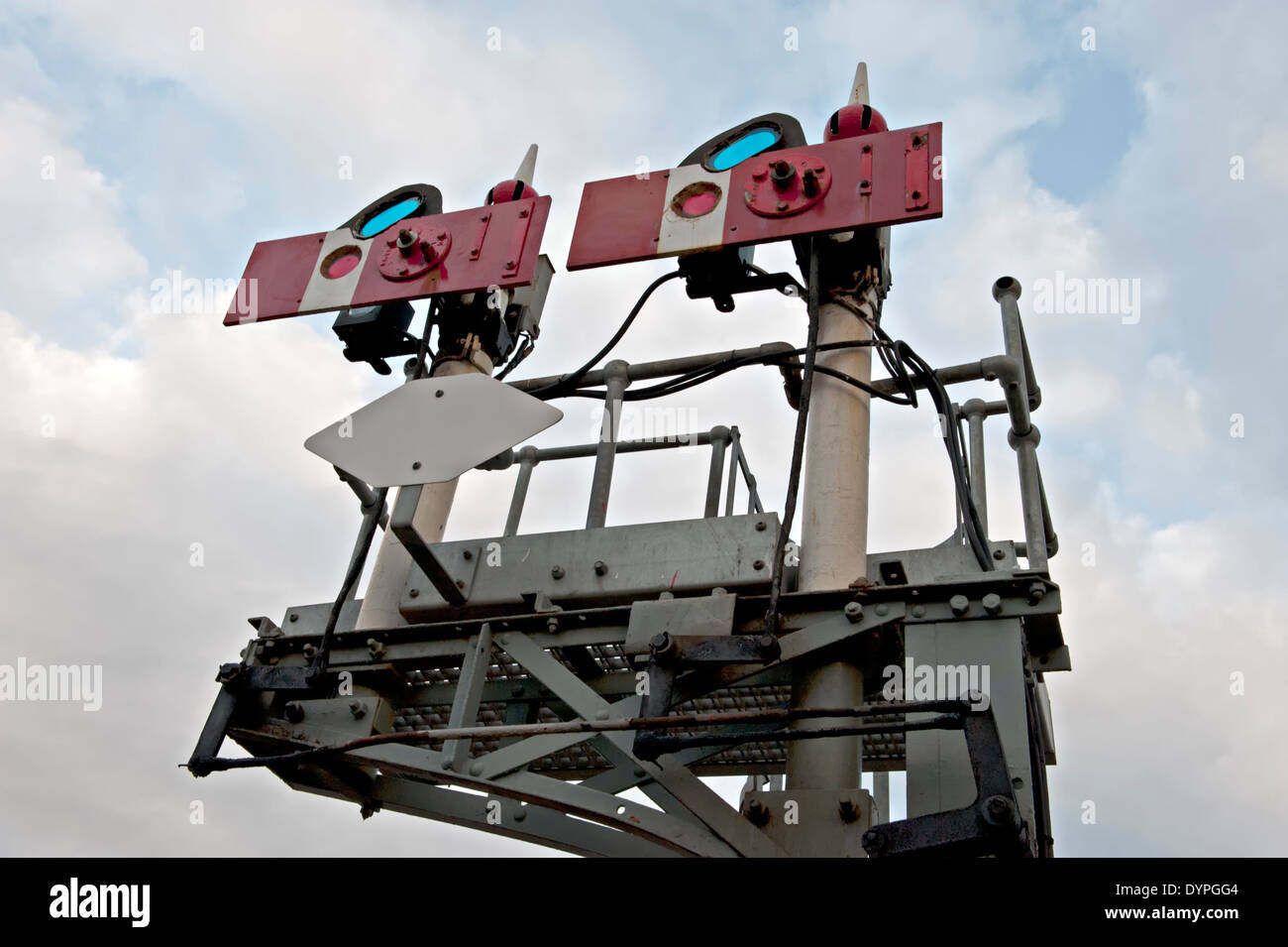The platform starter signals at Shrewsbury Station. The signal arms are ...