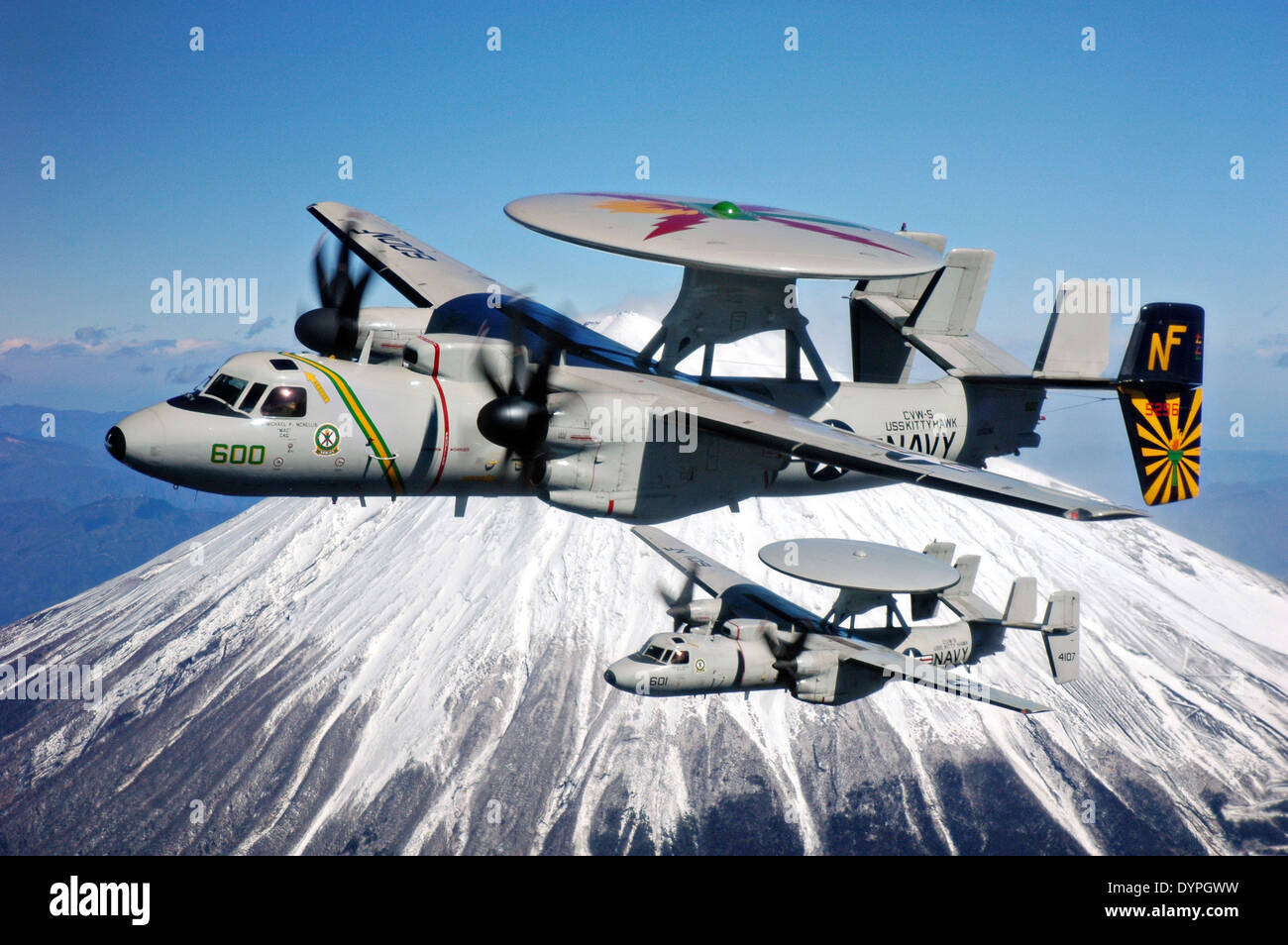 A US Navy E-2C Hawkeye airborne early warning aircraft conduct a flyby ...