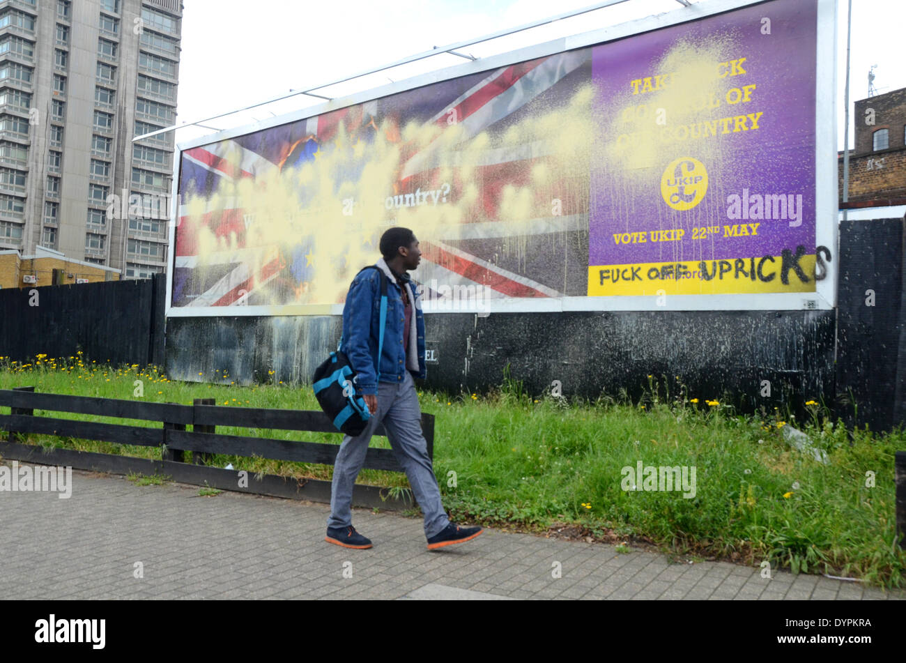 London, UK, 24 April 2014 UKIP poster defaced Credit: JOHNNY ARMSTEAD ...