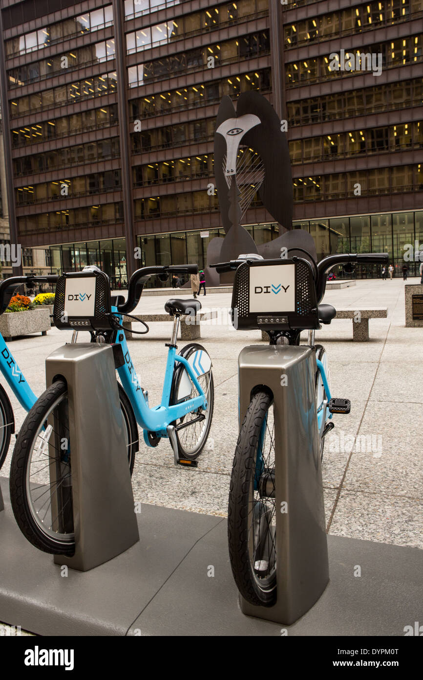 Divvy bike share stand at the Chicago Picasso in the Loop district ...