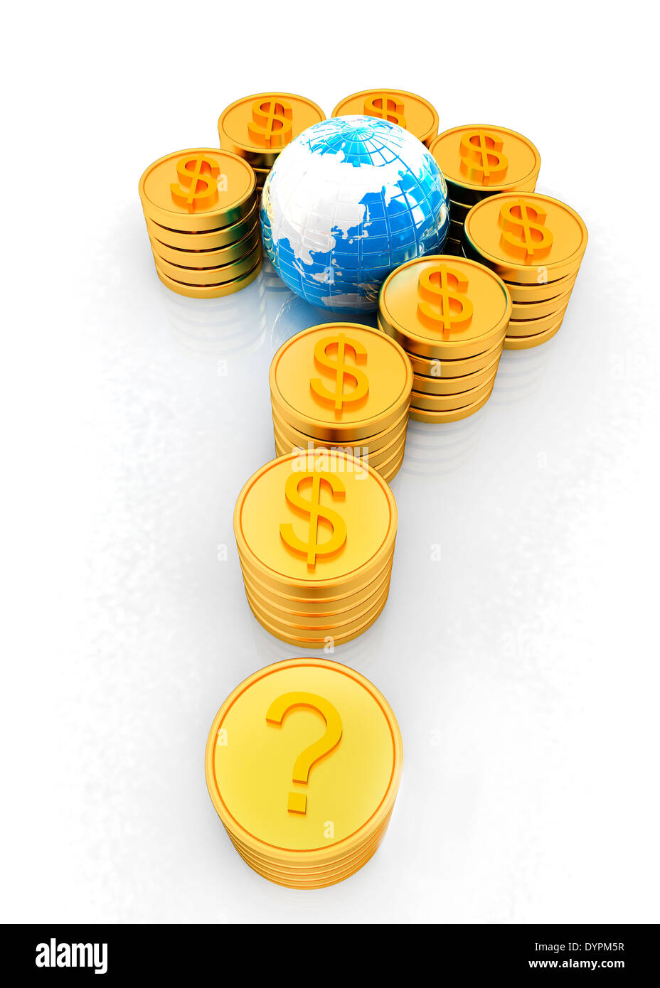 Question mark in the form of gold coins with dollar sign on a white ...