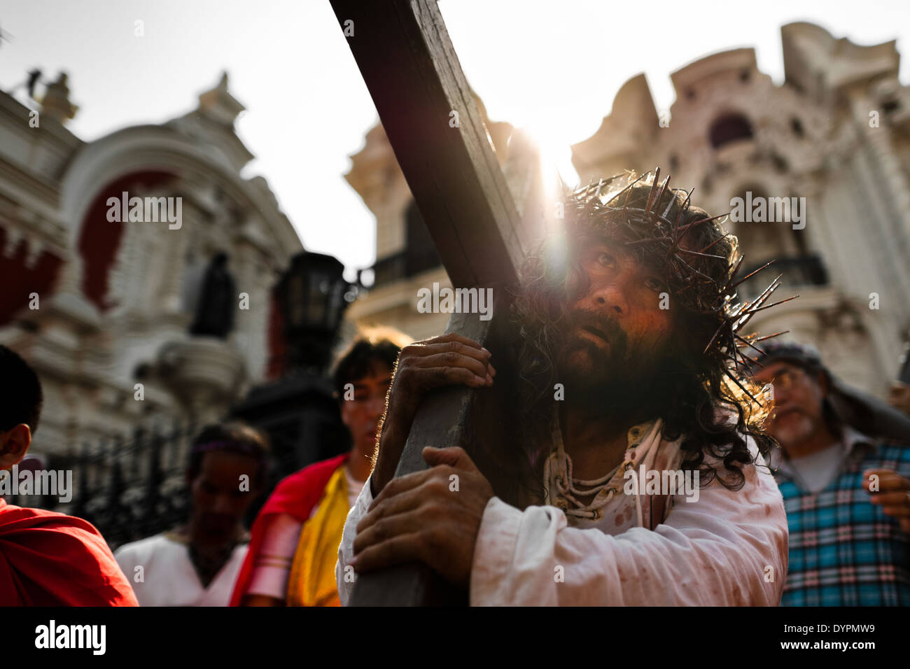 A Peruvian actor Mario Valencia, known as Cristo Cholo, performs as ...