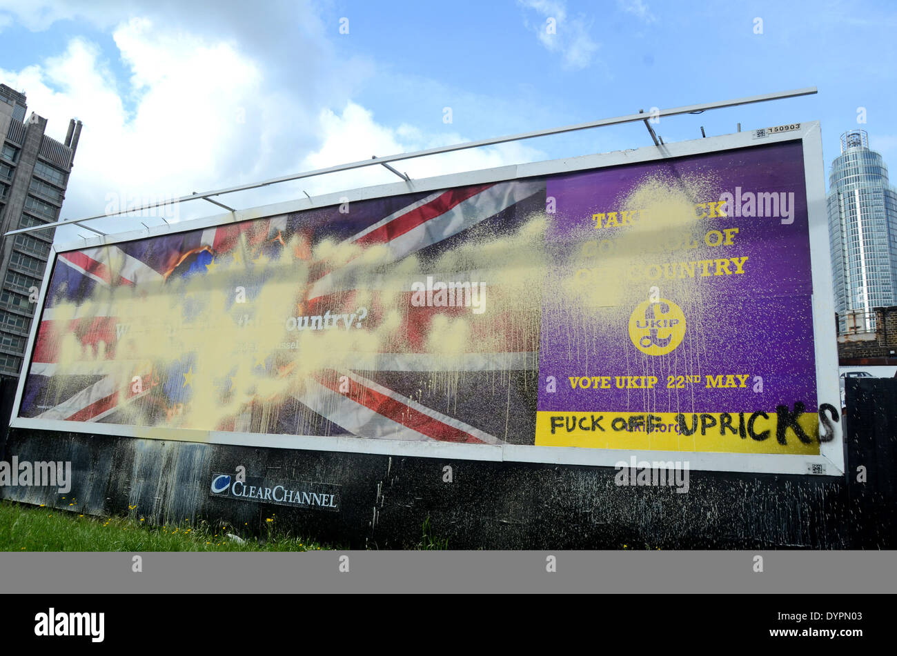 London, UK, 24 April 2014 UKIP poster defaced Credit: JOHNNY ARMSTEAD ...