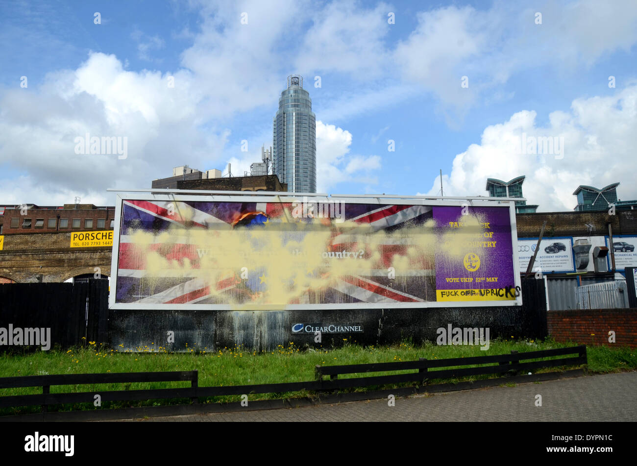 London, UK, 24 April 2014 UKIP poster defaced Credit: JOHNNY ARMSTEAD ...