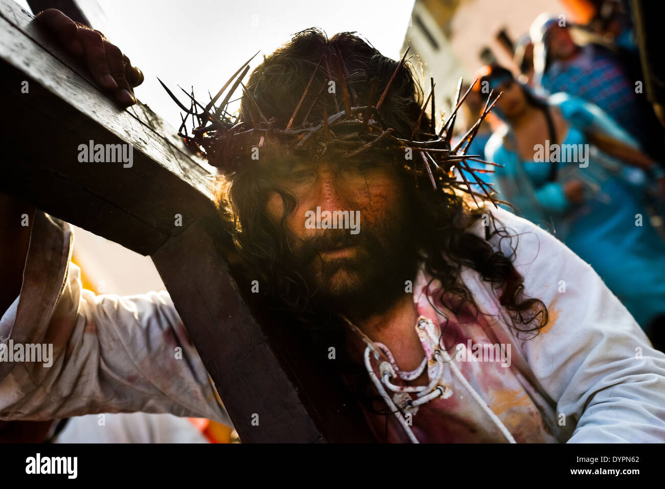 A Peruvian actor Mario Valencia, known as Cristo Cholo, performs as ...