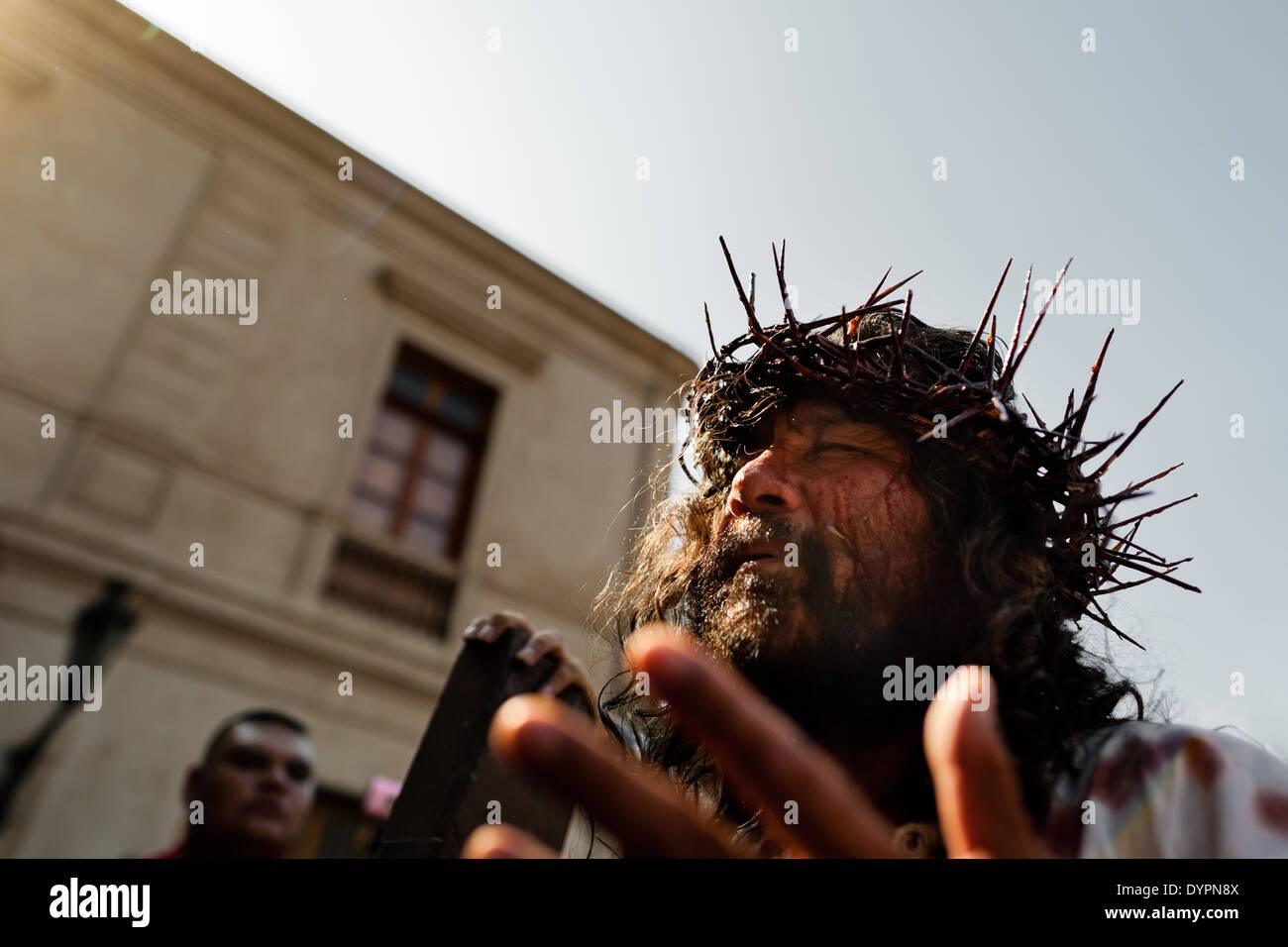 A Peruvian actor Mario Valencia, known as Cristo Cholo, performs as ...