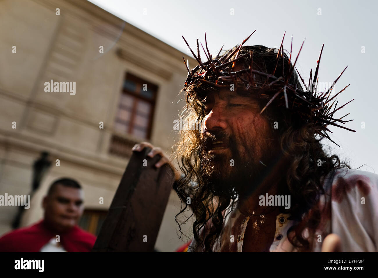 A Peruvian actor Mario Valencia, known as Cristo Cholo, performs as ...