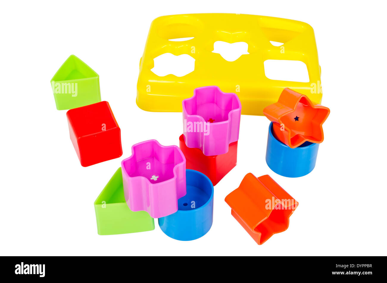Shape sorter toy with various coloured blocks isolated on white ...