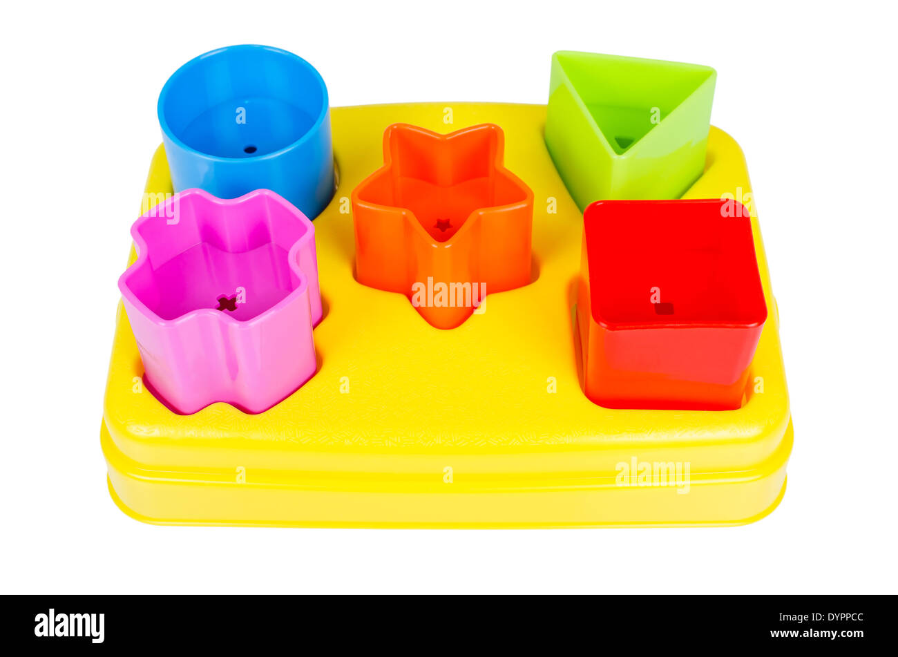 Shape sorter toy with various coloured blocks isolated on white ...