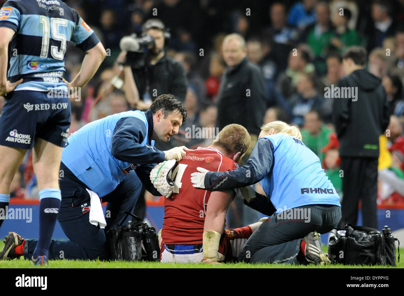 Injured rugby player is checked over during the Rabodirect Pro 12 ...