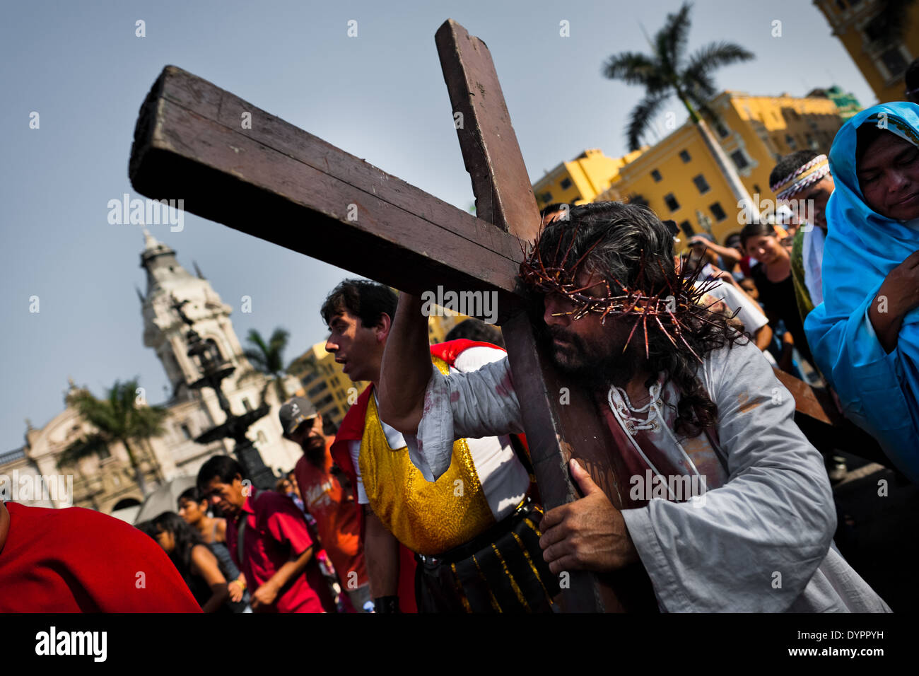 A Peruvian actor Mario Valencia, known as Cristo Cholo, performs as ...