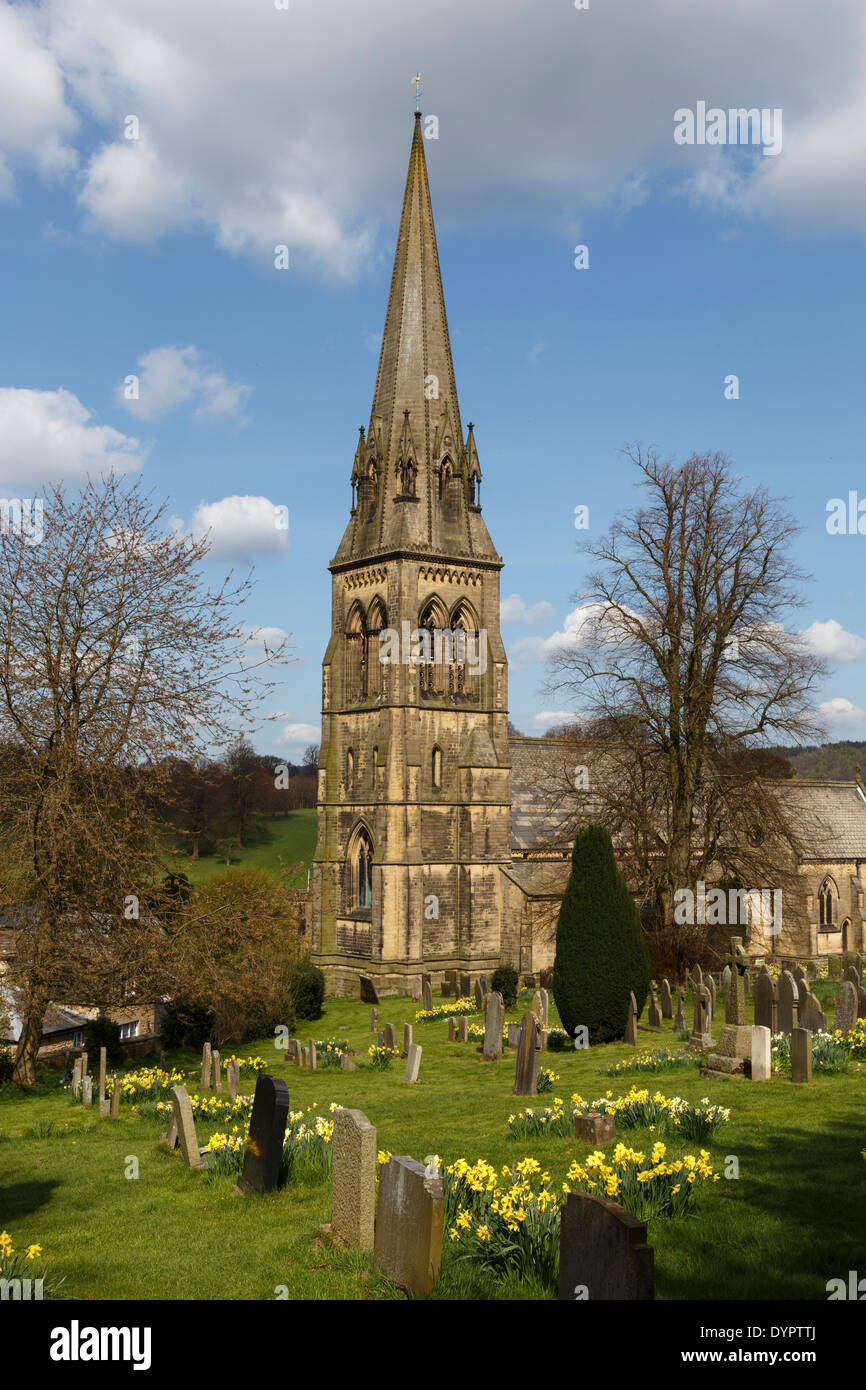 edensor st peters church daffodils derbyshire england uk gb Stock Photo ...