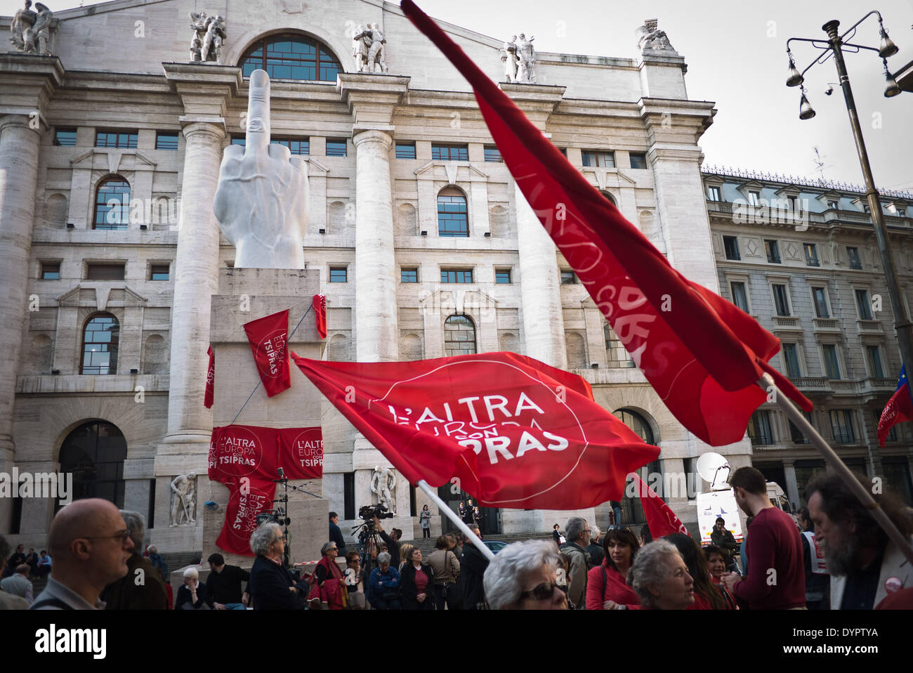 Milan, Lombardia, Italy. 23rd Apr, 2014. The middle finger sculpure of ...