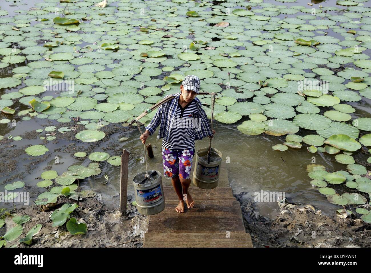 Yangon, Myanmar. 24th Apr, 2014. A boy carries water from a lake at ...