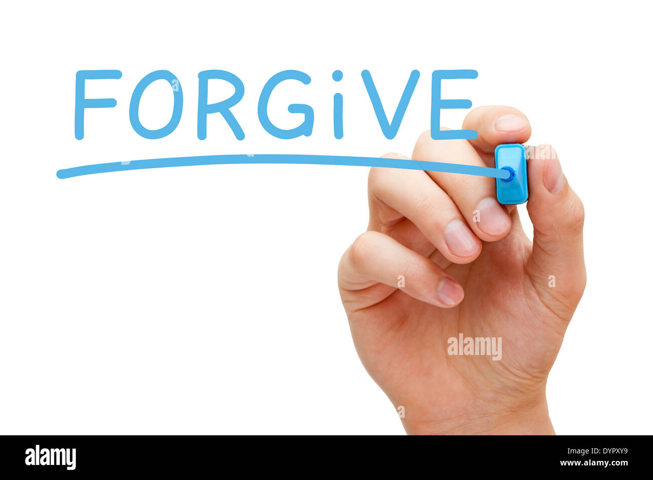 Hand writing Forgive with blue marker on transparent wipe board Stock ...