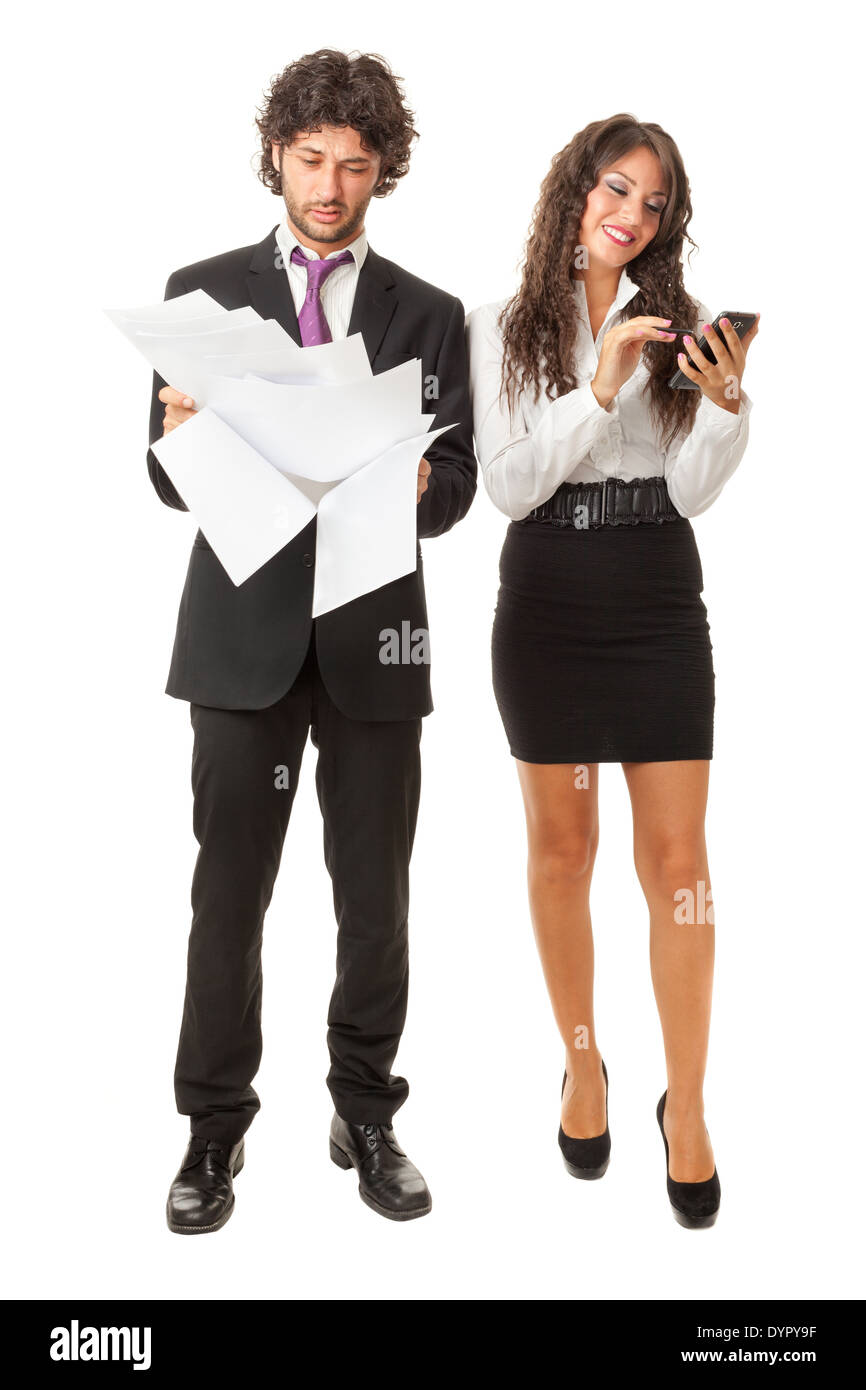 A businessman with a lot of messy papers in his hands and a smart ...