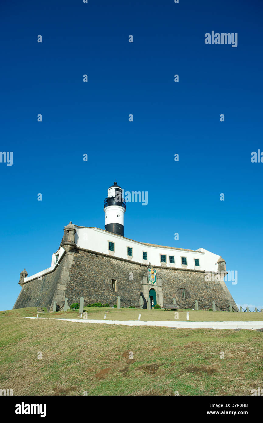 Portrait of the Farol da Barra Salvador Brazil lighthouse under clear ...