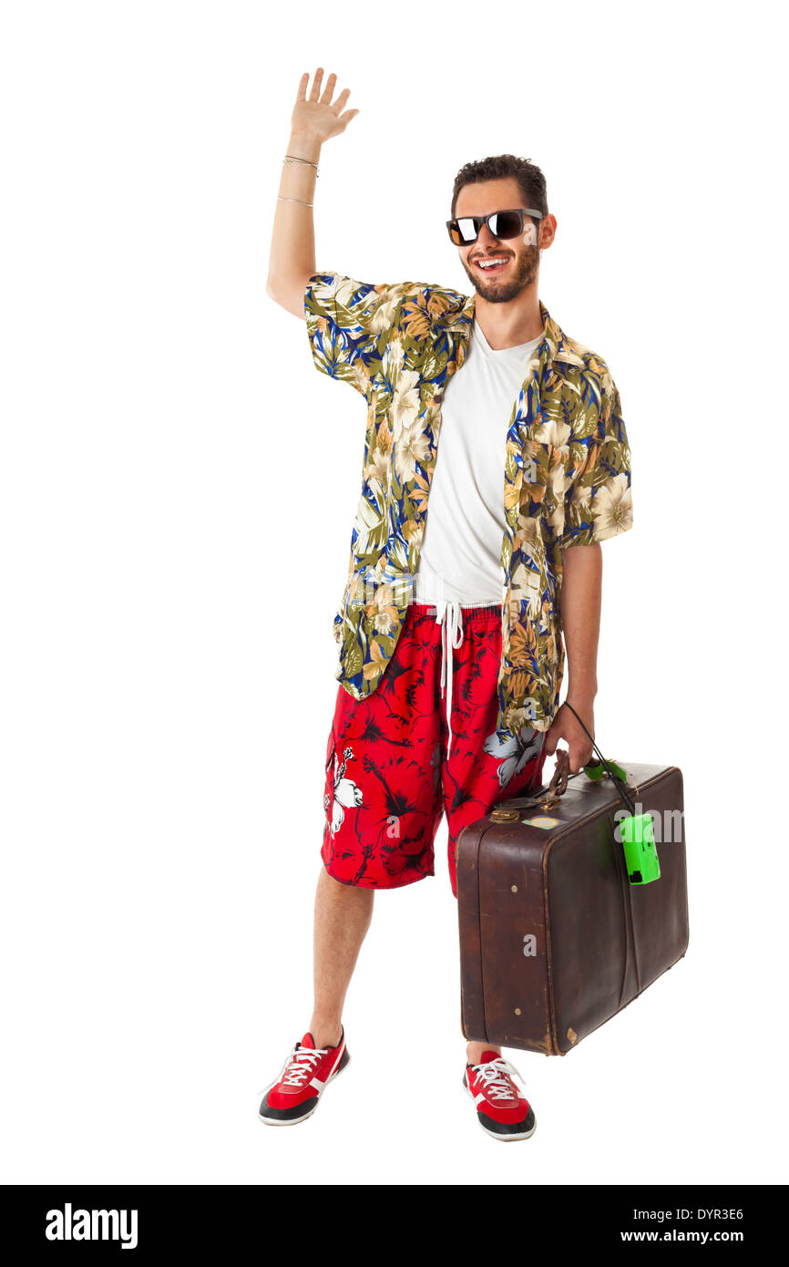 a young, attractive male in a colorful outfit ready to travel as a ...