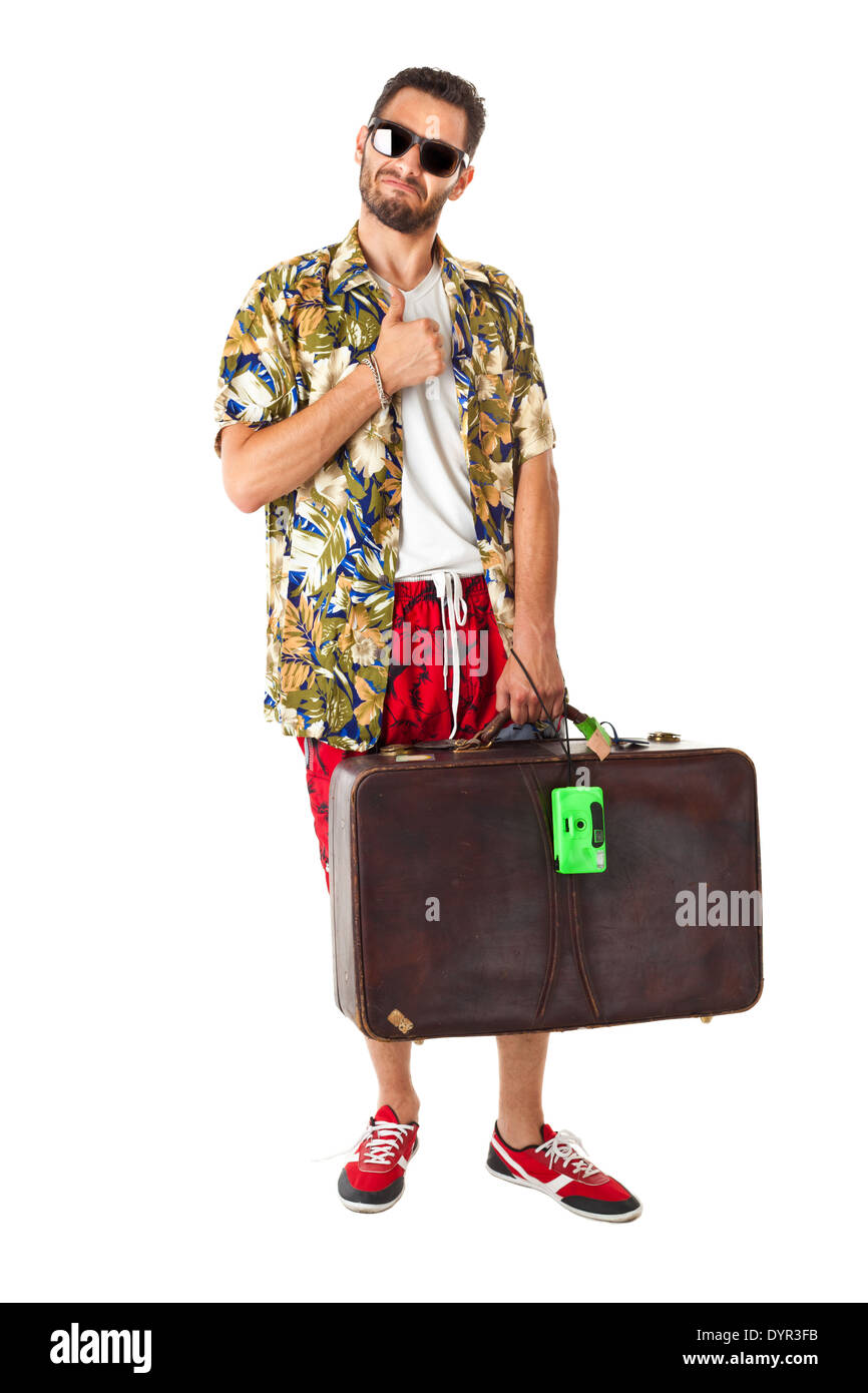 a young, attractive male in a colorful outfit ready to travel as a ...