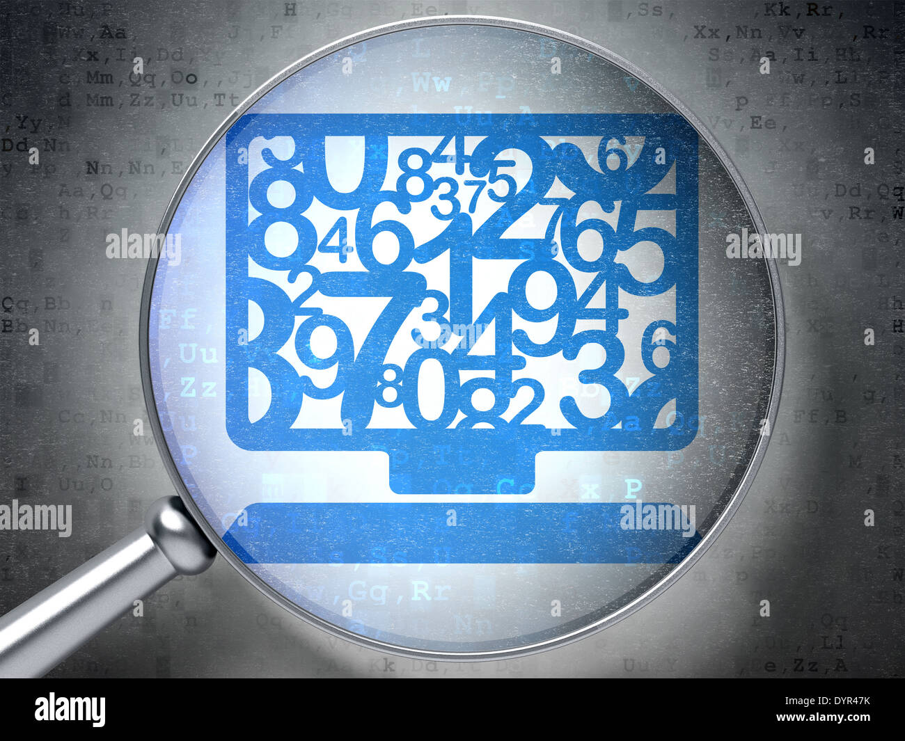 Education concept: Computer Pc with optical glass on digital background ...