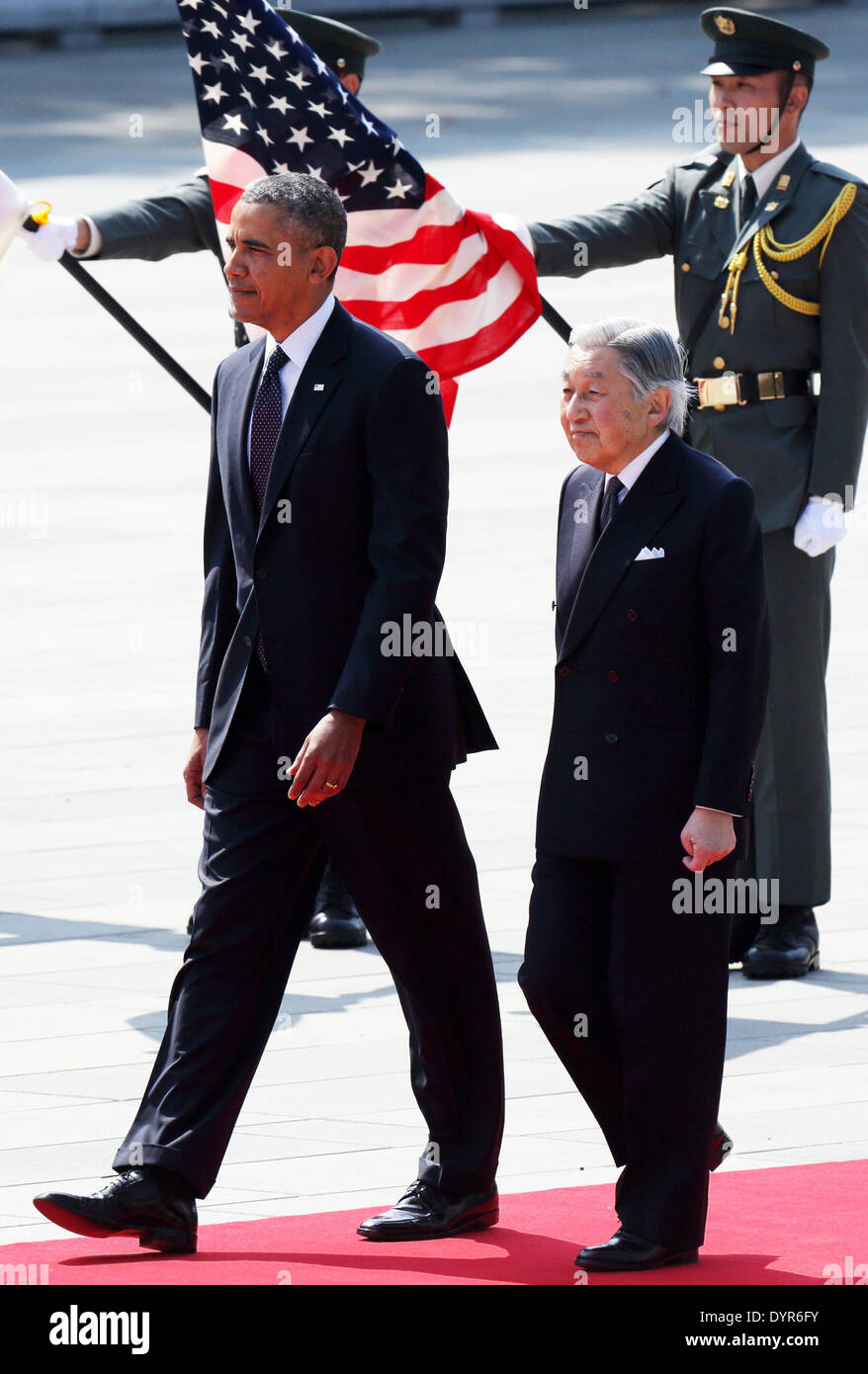Tokyo, Japan. 24th Apr, 2014. U.S. President BARACK OBAMA, left, walks ...