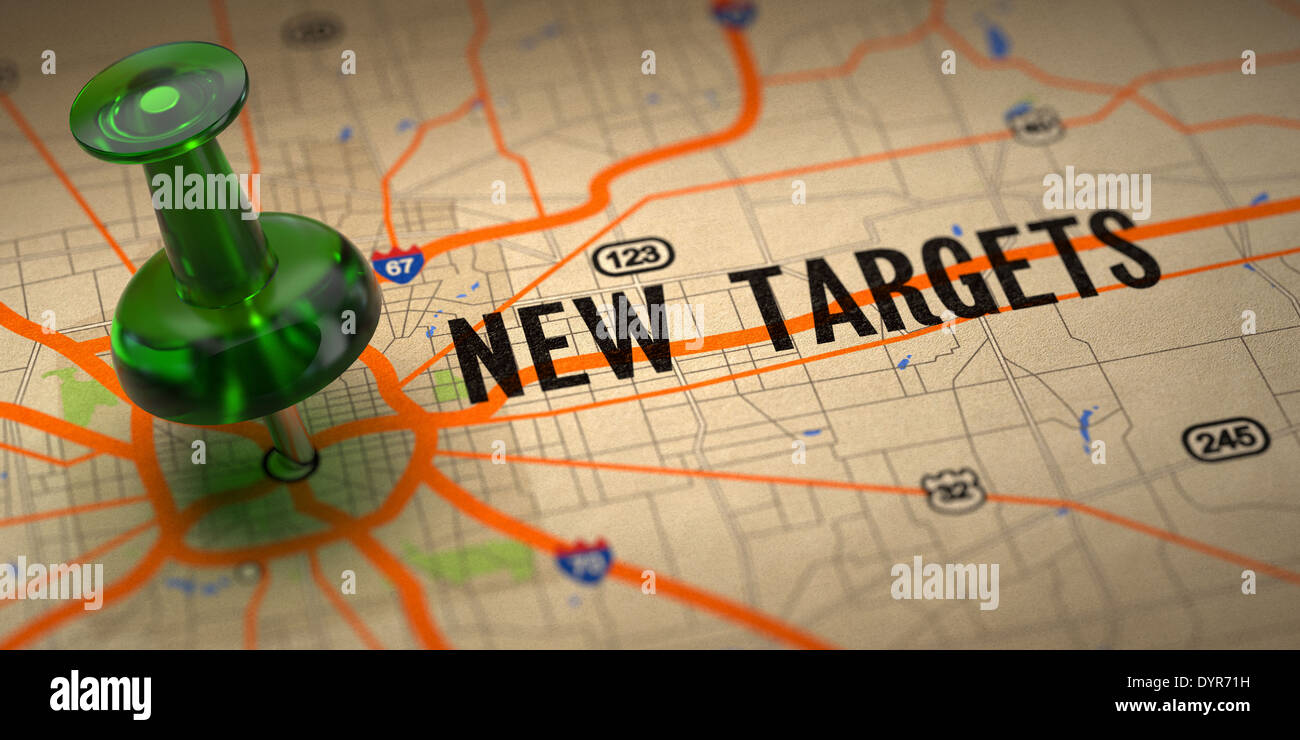 New Targets Concept - Green Pushpin on a Map Background with Selective ...