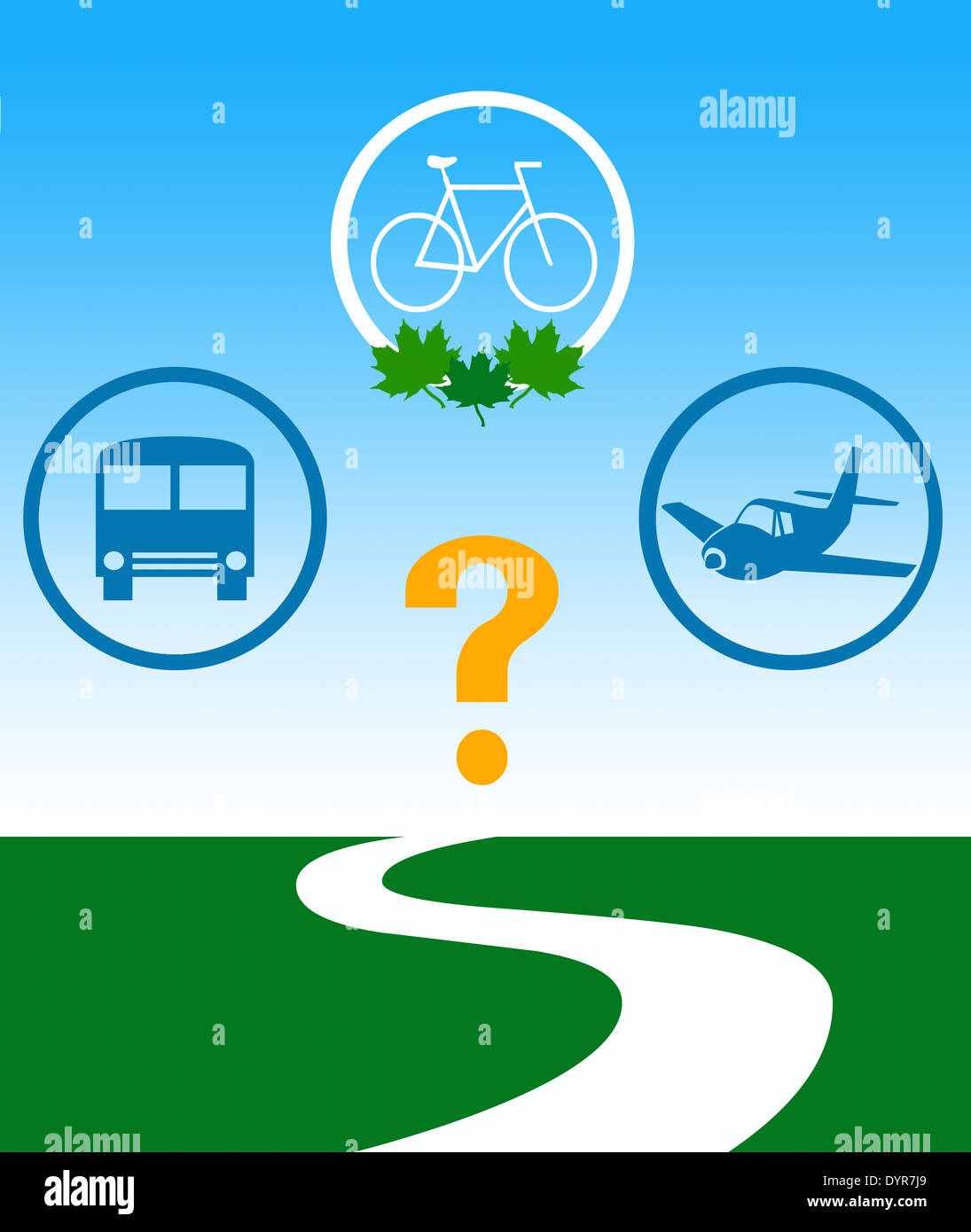 Means of transportation,one road and a question mark representing the ...