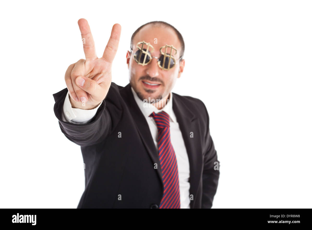 Businessman with dollar-sign glasses standing and showing the win sign ...