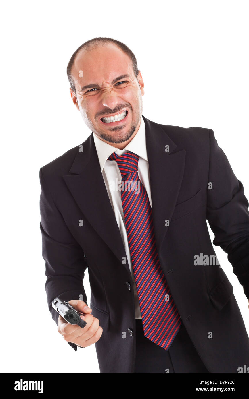 a businessman with a gun expressing anger Stock Photo - Alamy