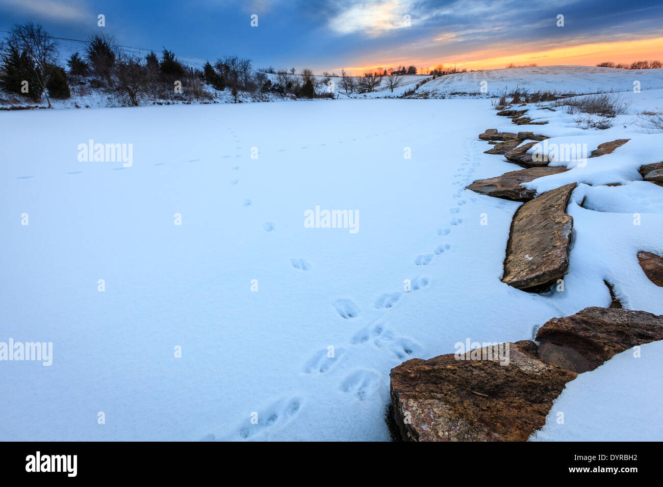Sunset on a frozen lake Stock Photo - Alamy