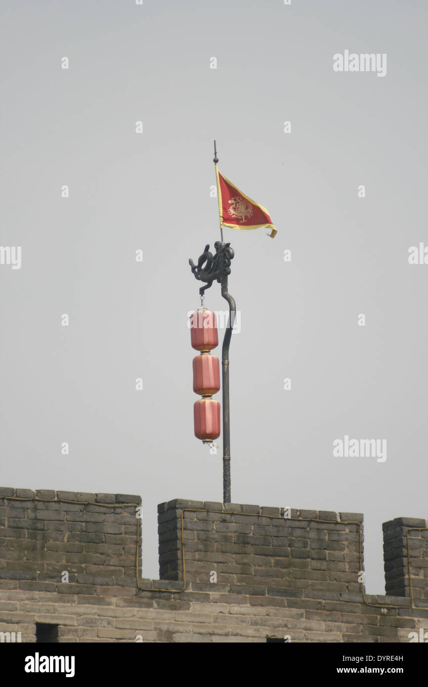 downtown of Xian, overlooking the city walls - Lanterns and flag Stock ...