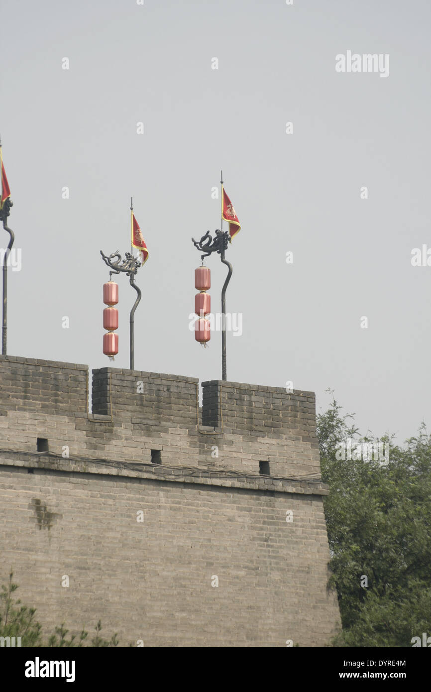 downtown of Xian, overlooking the city walls - Lanterns and flag Stock ...