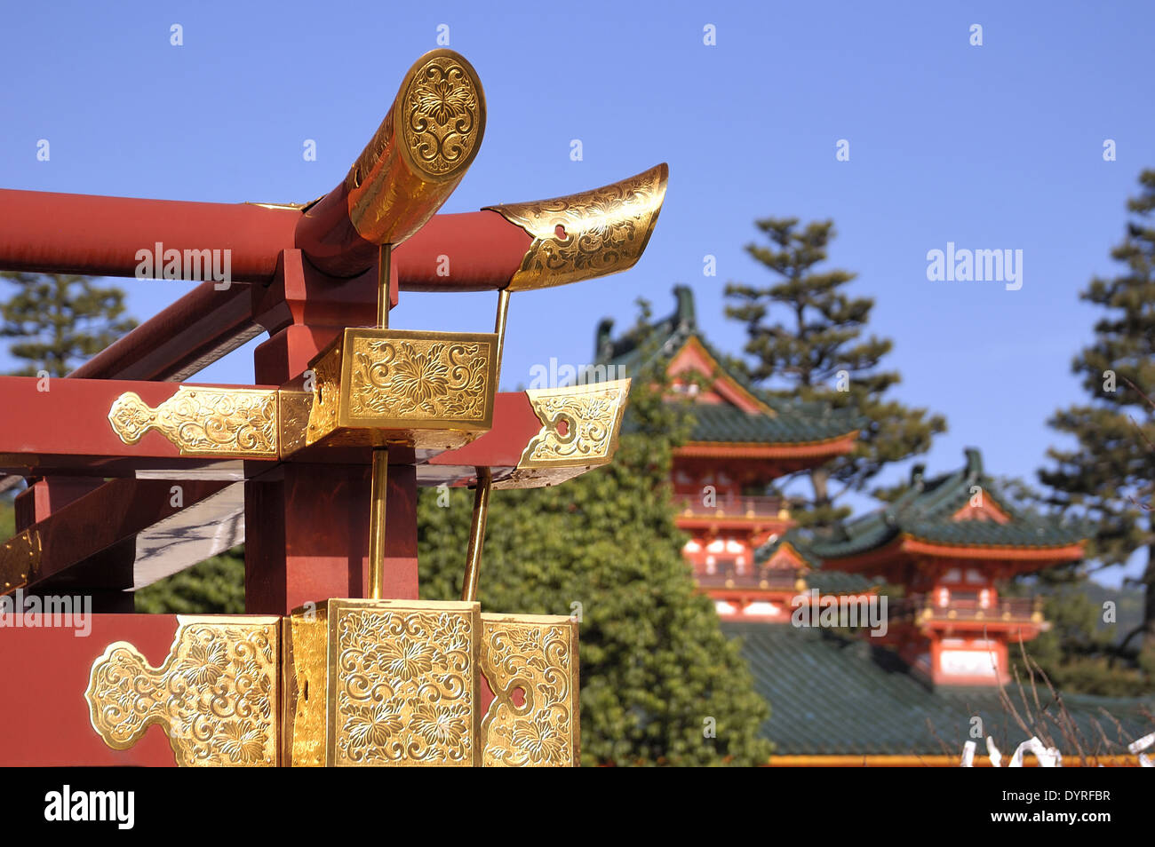 detail of traditional and decorative painted red fence or railing ...