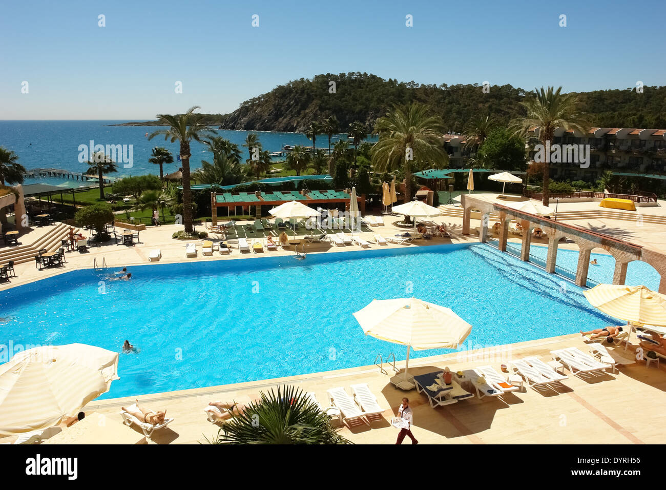 View on the swimming pool in high class Turkish hotel Stock Photo - Alamy