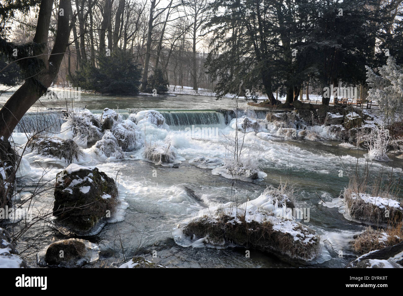 The Eisbach in the wintry English Garden in Munich, 2012 Stock Photo ...