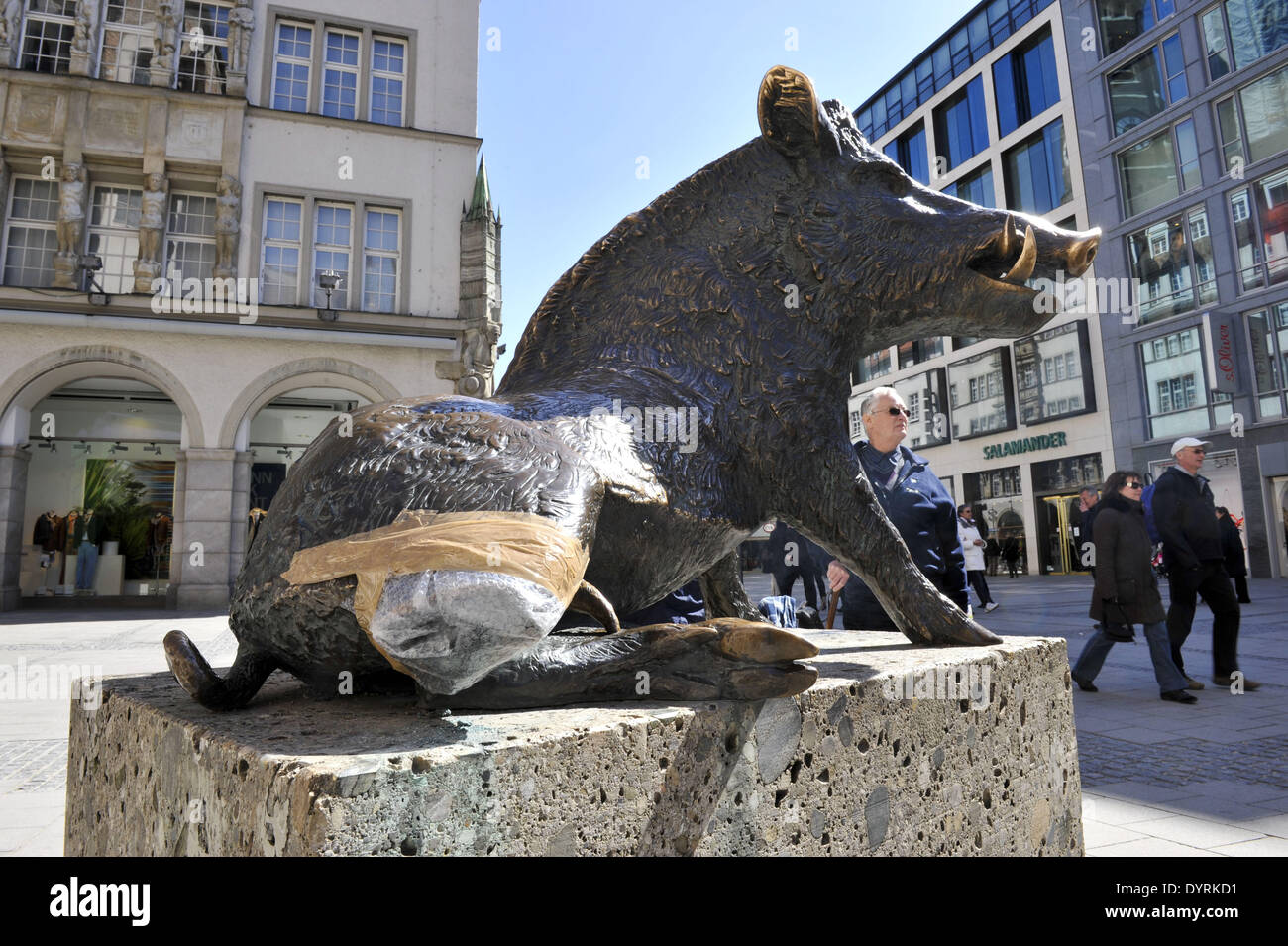 Damaged bronze boar before the Hunting and Fishing Museum in Munich ...
