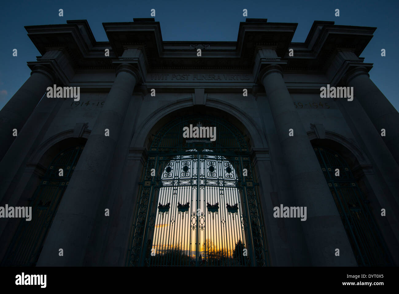 Sunset through the gates of the War Memorial at Victoria Embankment ...