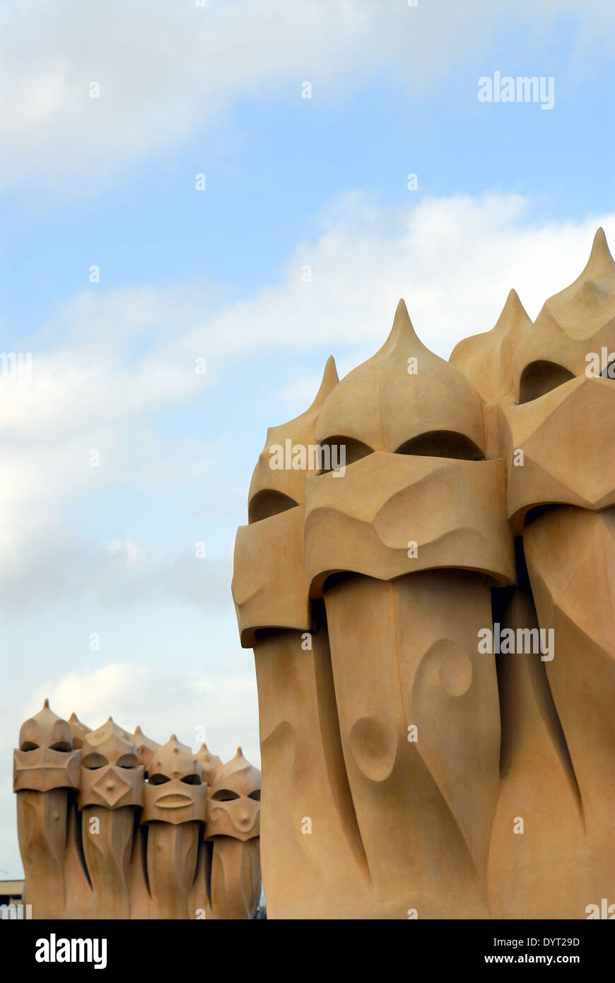 surreal chimneys or sculptures, on the roof of the Casa Milá or La ...