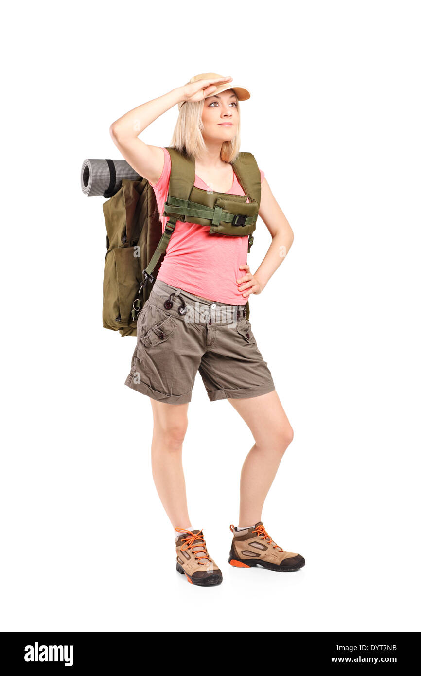 Full length portrait of a female scout with backpack Stock Photo - Alamy