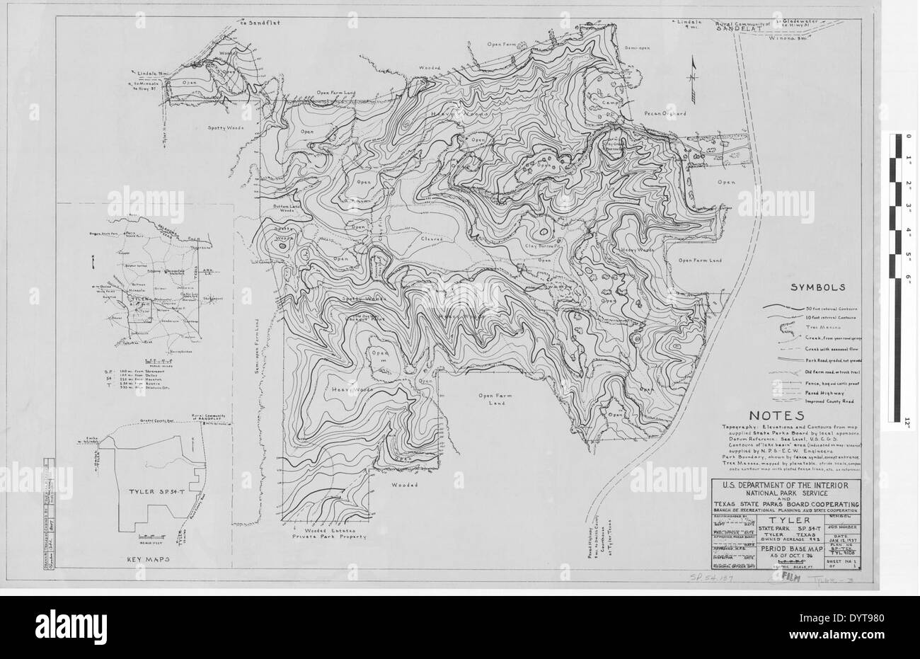 Tyler State Park, located in Texas, is depicted on a period base map ...
