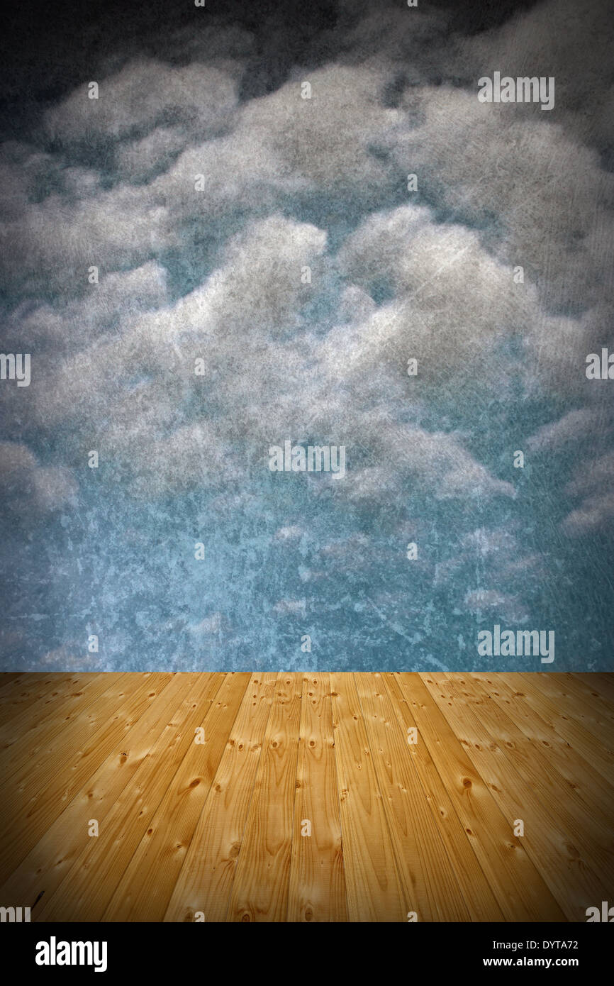 view to abstract distressed sky from fir planks balcony Stock Photo - Alamy